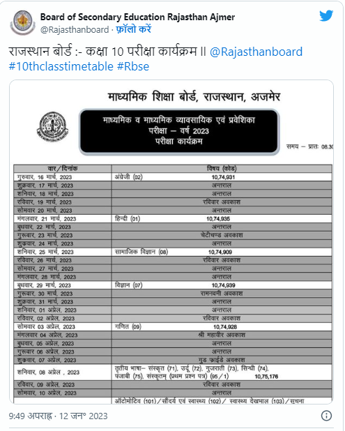 RBSE 10th Time Table 2023 PDF Download
