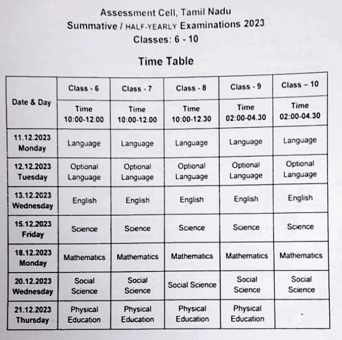 Tamil Nadu Half Yearly Exam Time Table 2023 Released For Class 6 12