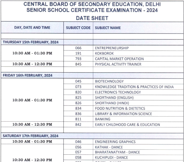 CBSE Class 12 Date Sheet 2024 PDF Download (Practical Exam Time Table)