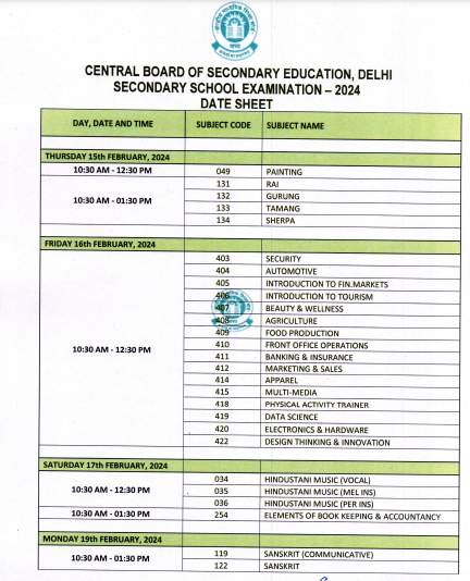 CBSE Class 10 Date Sheet 2024 PDF Download Here