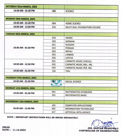 CBSE Class 10 Date Sheet 2024 PDF Download Here