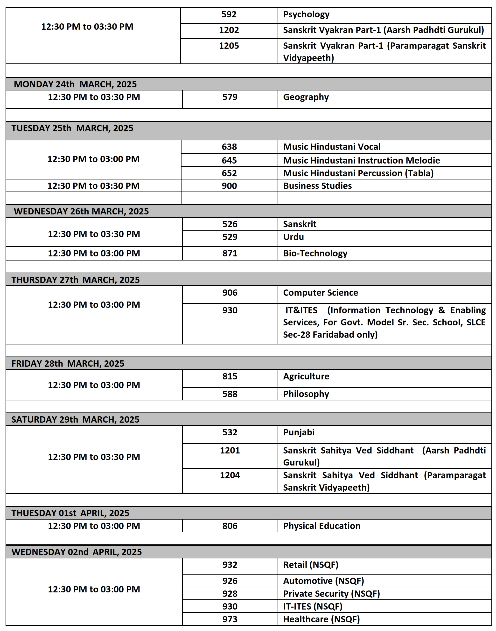 HBSE Date Sheet 2025 Class 12 PDF Download