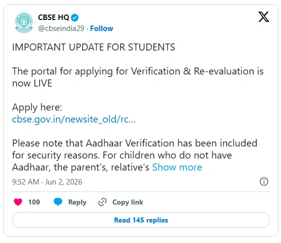 CBSE Class 12 Re-evaluation Portal 2026 Open: How to Apply, Aadhaar Rules