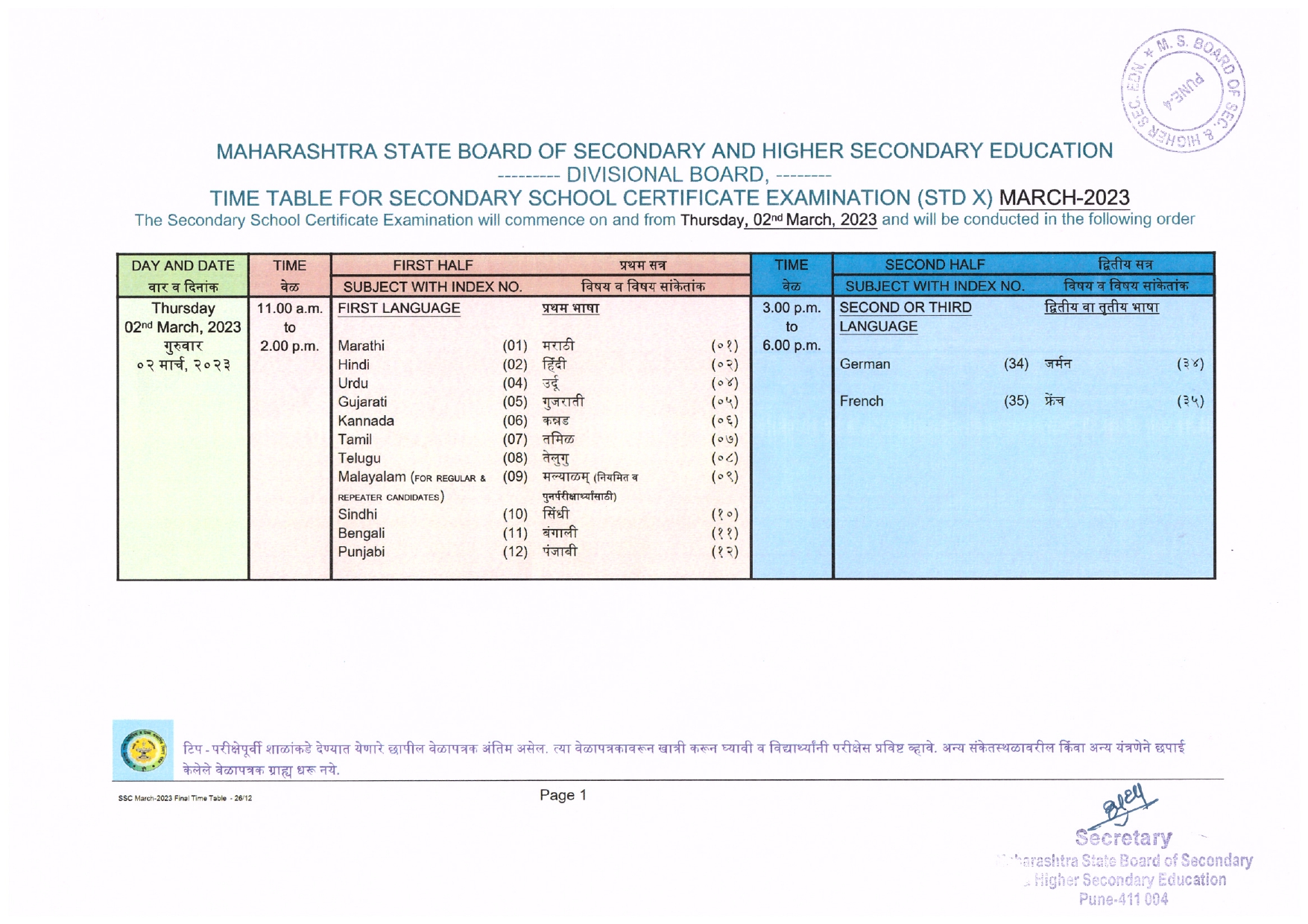 SSC Time Table 2023 Maharashtra Board PDF Download (Officially Released)